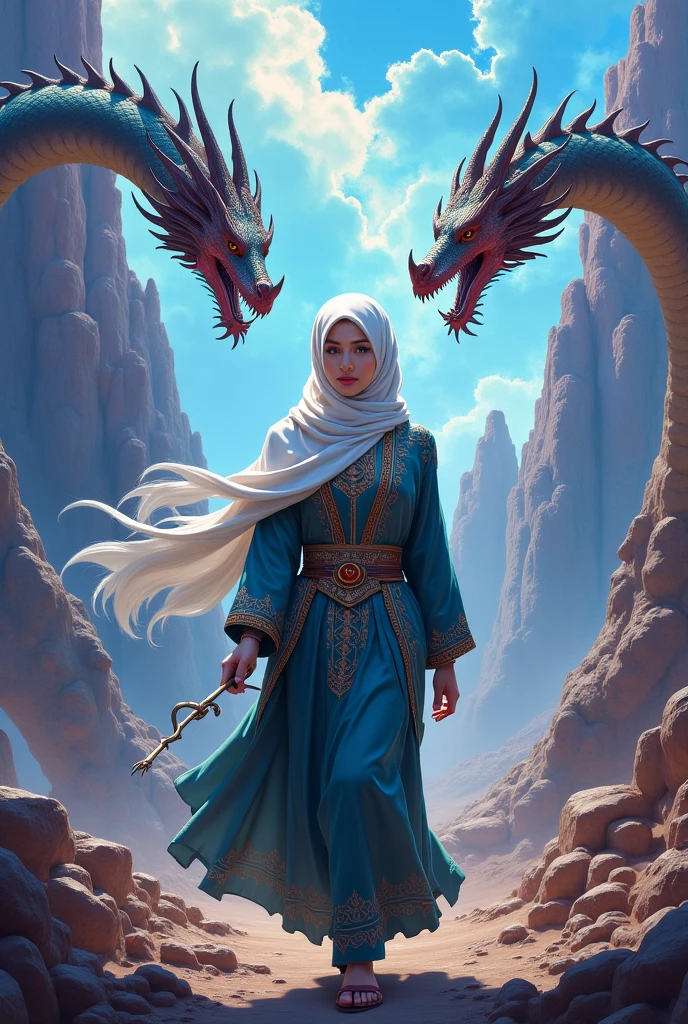 Muslim woman walks with dragons - SeaArt AI