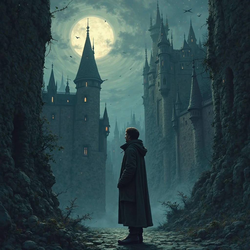 night, man standing, amazed looking out the window, Gothic illustration ...