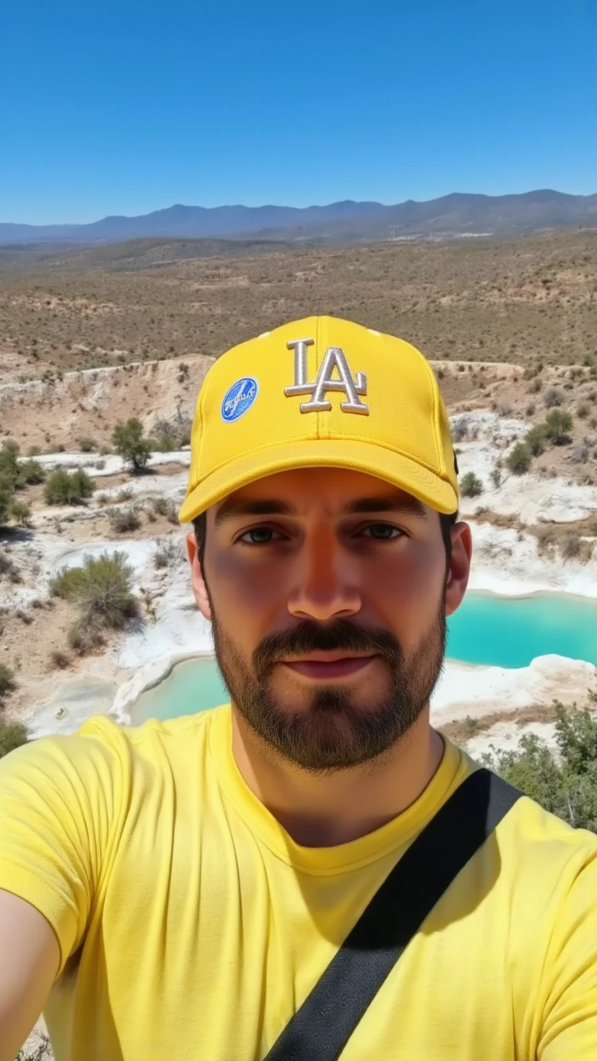 A man with a neatly trimmed beard and mustache takes a selfie at Hierve ...
