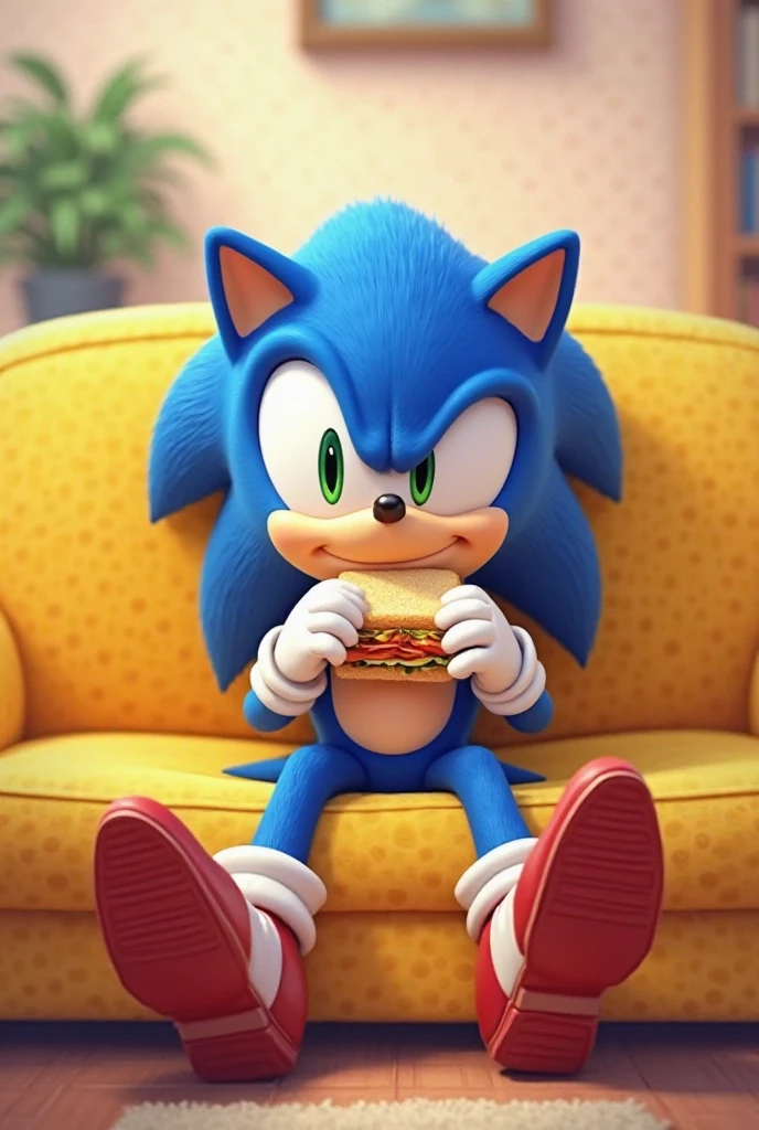Create little Sonic,sitting on a yellow couch eating a sandwich - SeaArt AI