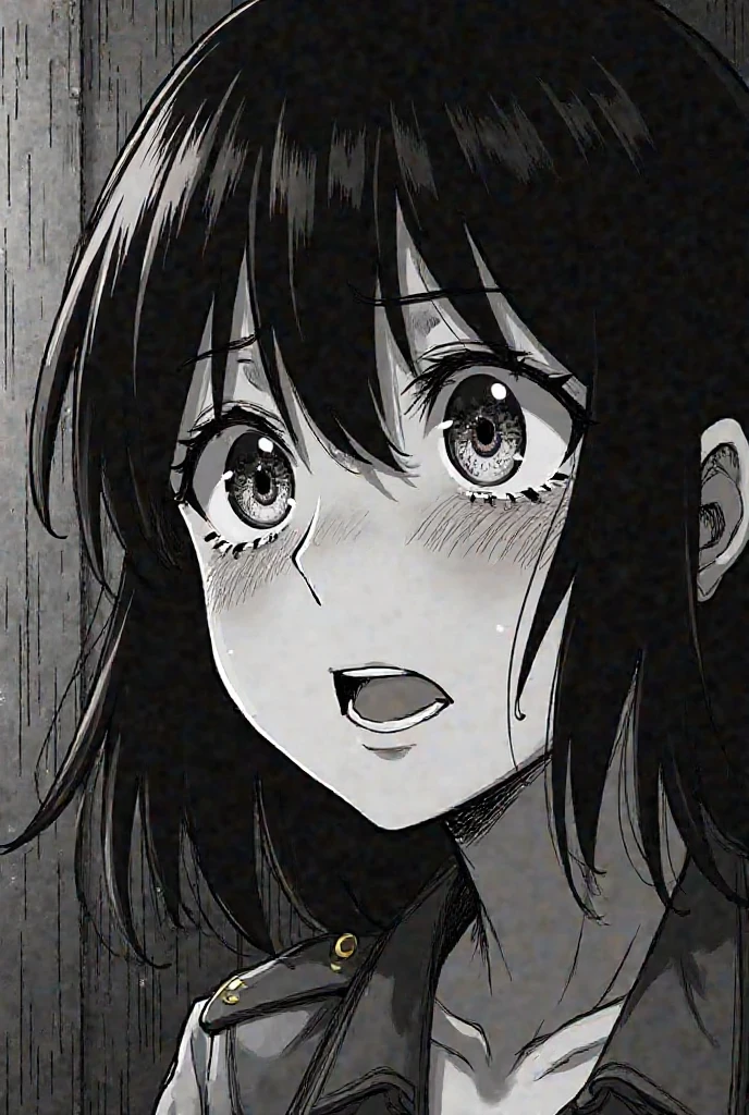 Black and white manga style, intense emotional close-up. Focus on the ...