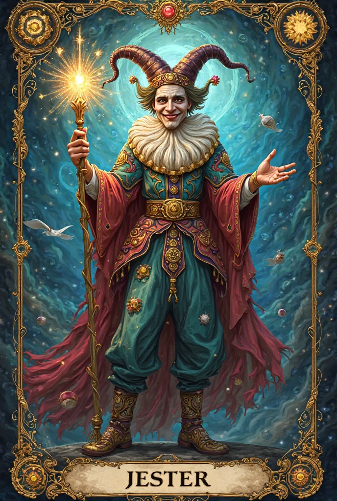 Tarot card “jester” in a deck, designed in the style of magical rituals ...