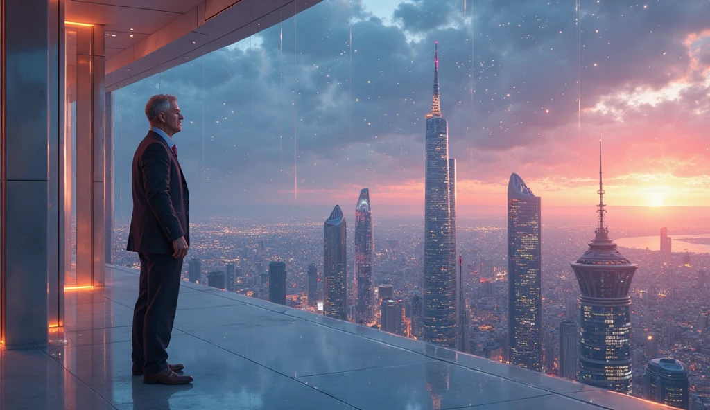 Richard Maxwell smiling, standing on a futuristic balcony, gazing at ...