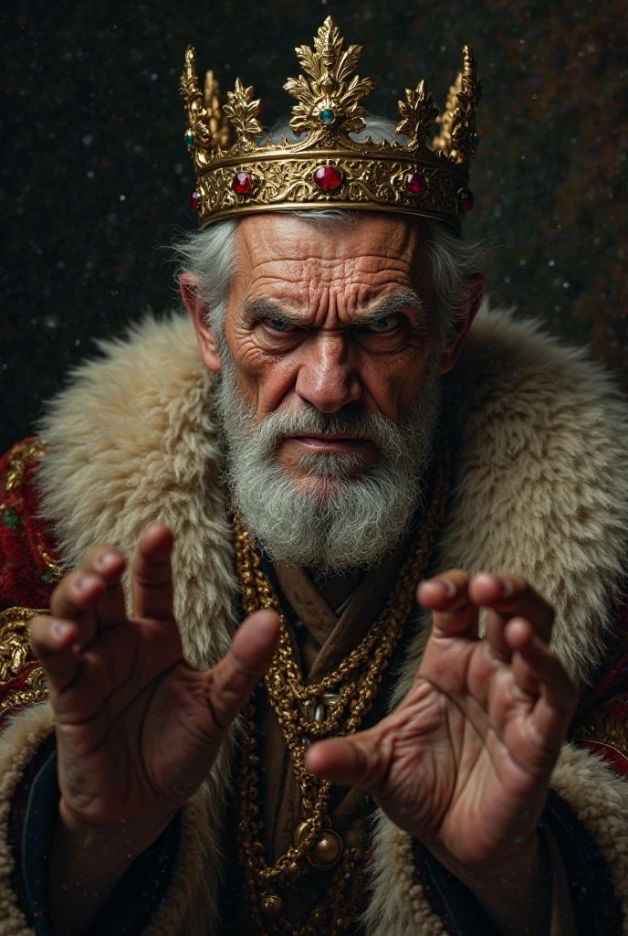 Generate for me the image of a pretty old, pissed off king looking like ...