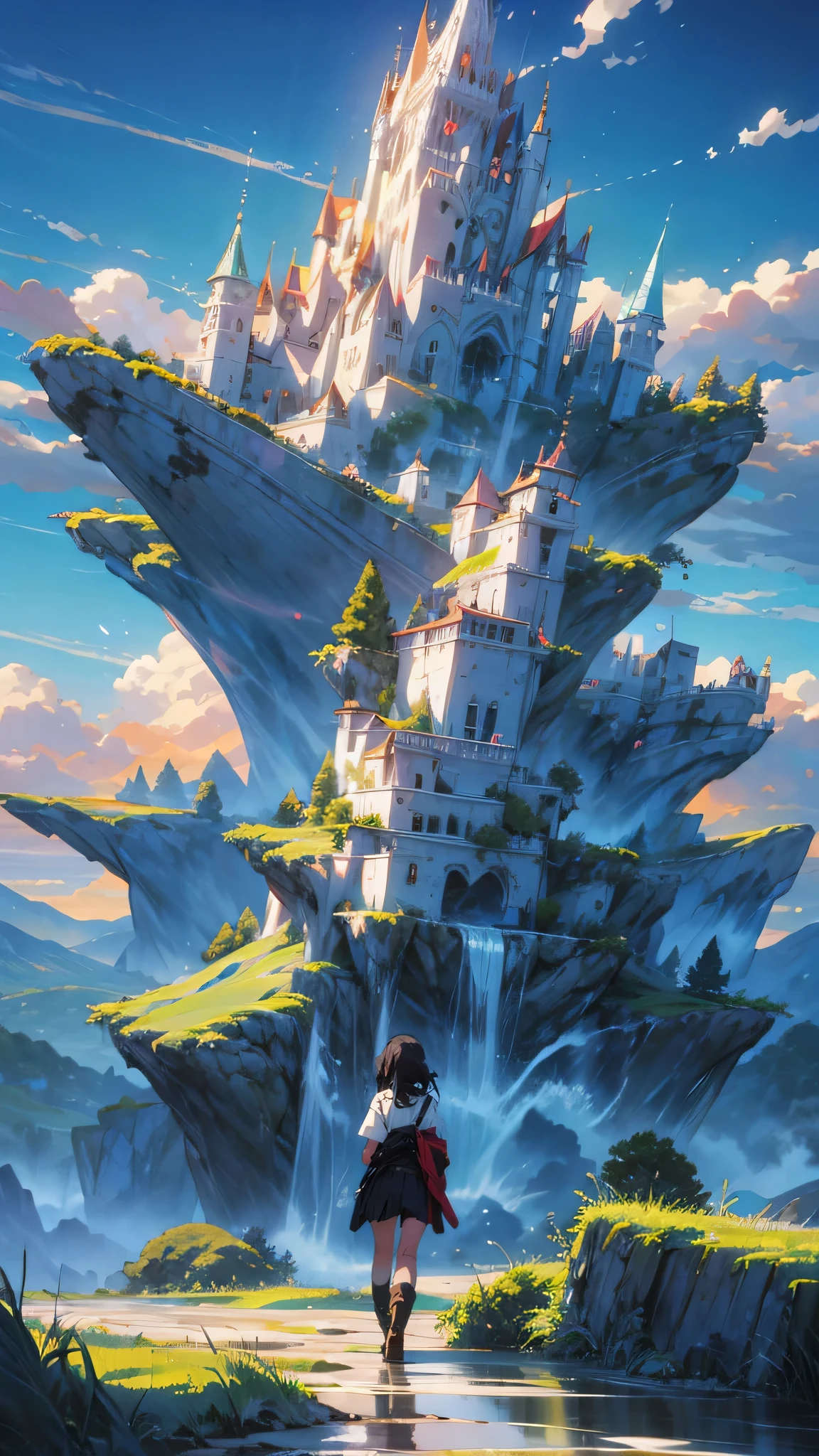 A woman standing in front of a castle with a waterfall - SeaArt AI