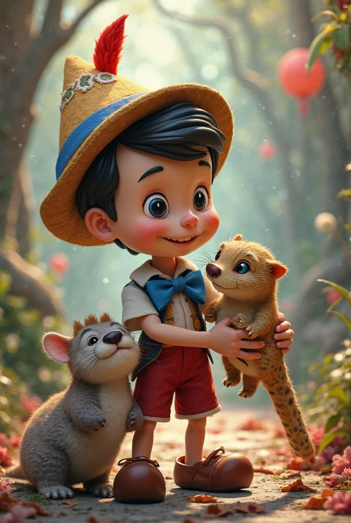 Cute Pinocchio is holding a dragon and a sea otter - SeaArt AI