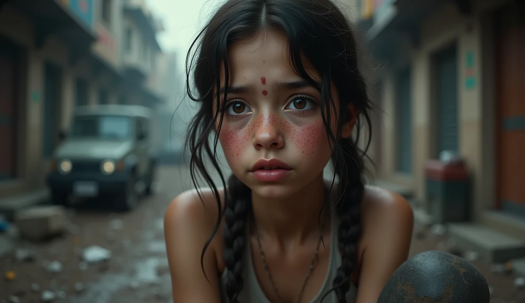 A 2.5D, cinematic portrait of a girl named Noor sitting, her face pale ...