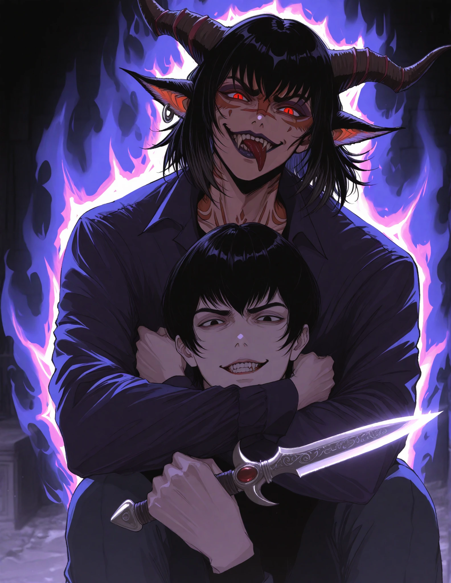 1boy,mata biru,black hair, short hair, carrying a dagger, Mahakarya ...