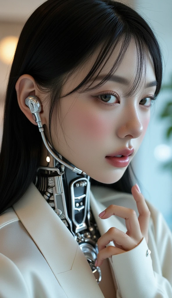 "A breathtaking humanoid robotic Korean girl sitting inside a ...