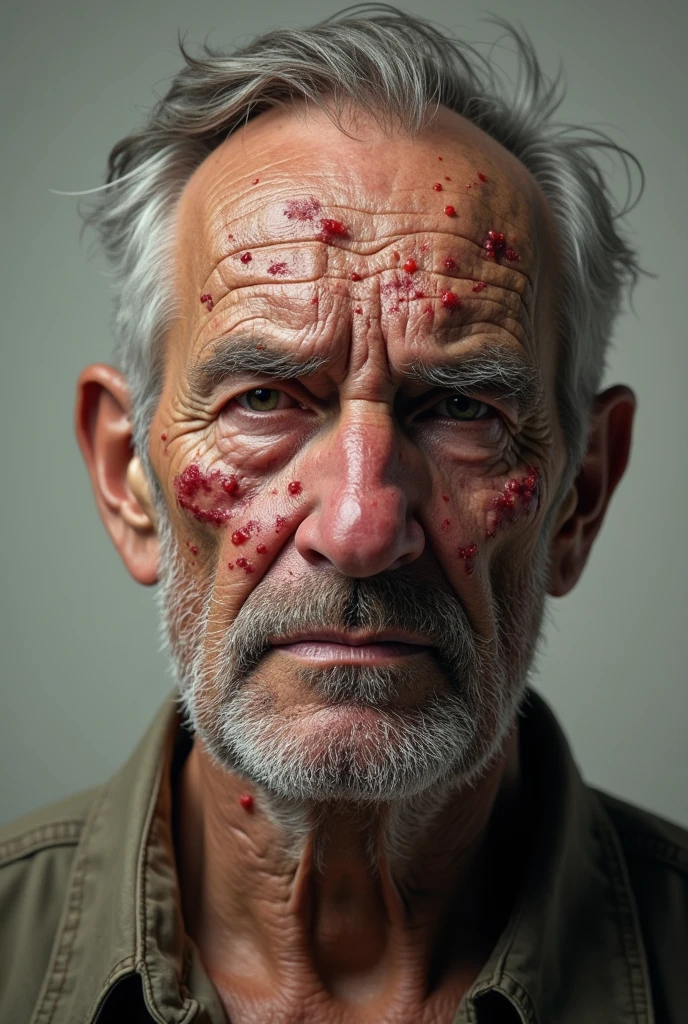 An ugly 35-year-old man's face with pimples on his face and a big nose ...