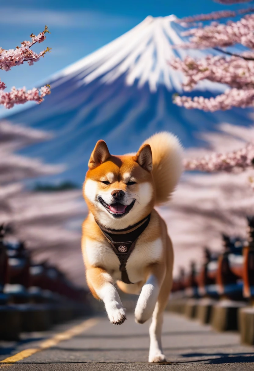 Dramatic cinematic image of Shiba Inu running with Mt. Fuji - SeaArt AI