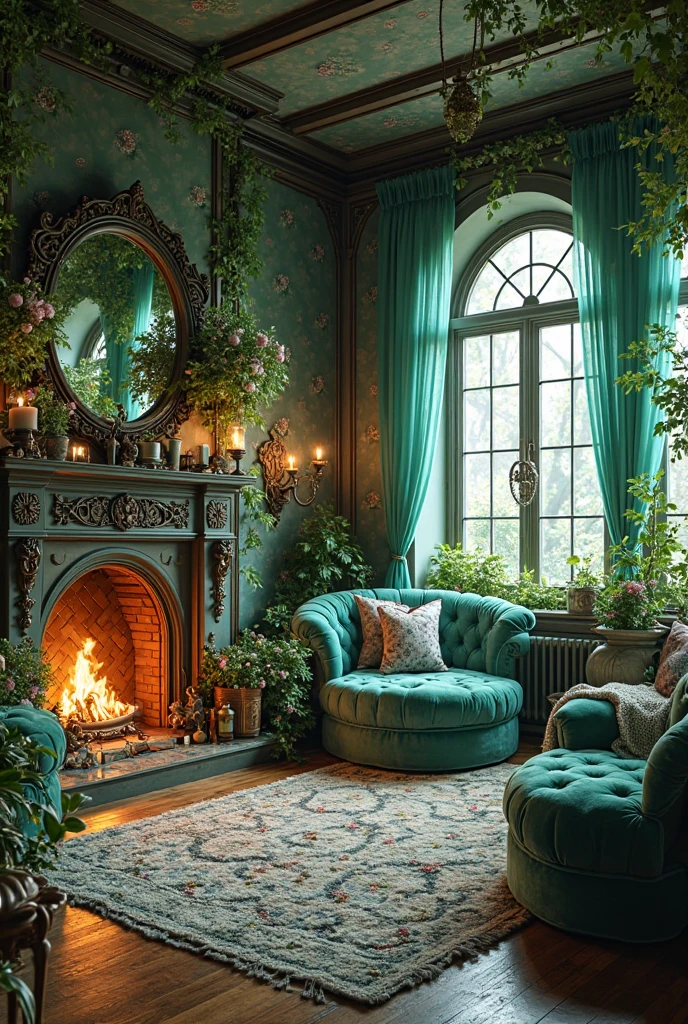 Dark green Victorian living room in a fairy cottage - SeaArt AI