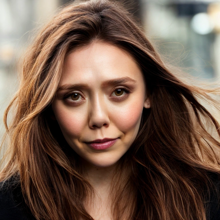 A Realistic photo of a Elizabeth Olsen woman with long brown Hair ...