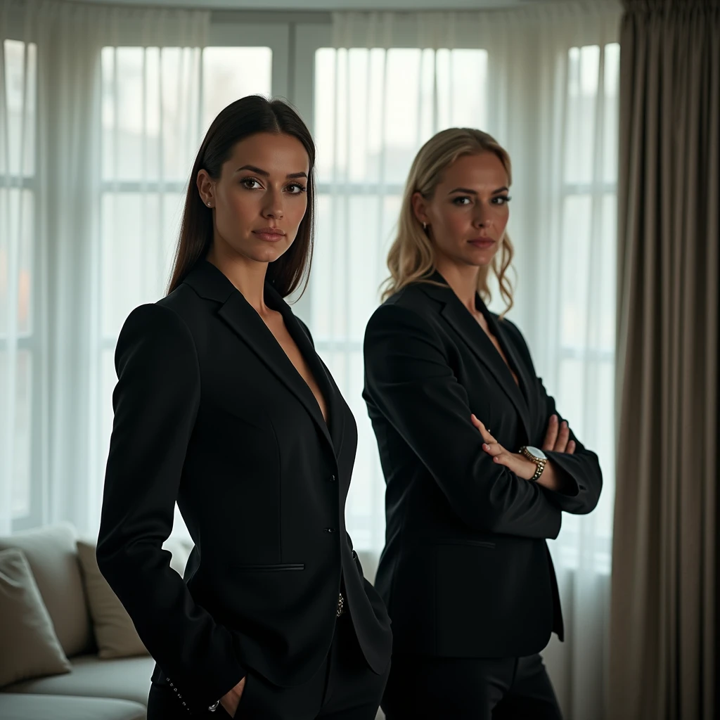 Two attractive business woman bodyguard are in a room with window with ...