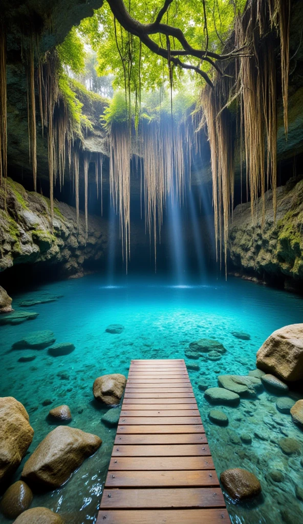 The breathtakingly hidden cenote、long vines and roots hang down - SeaArt AI