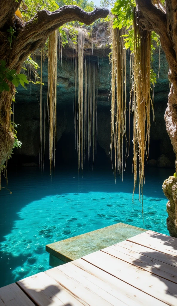 The breathtakingly hidden cenote、long vines and roots hang down - SeaArt AI
