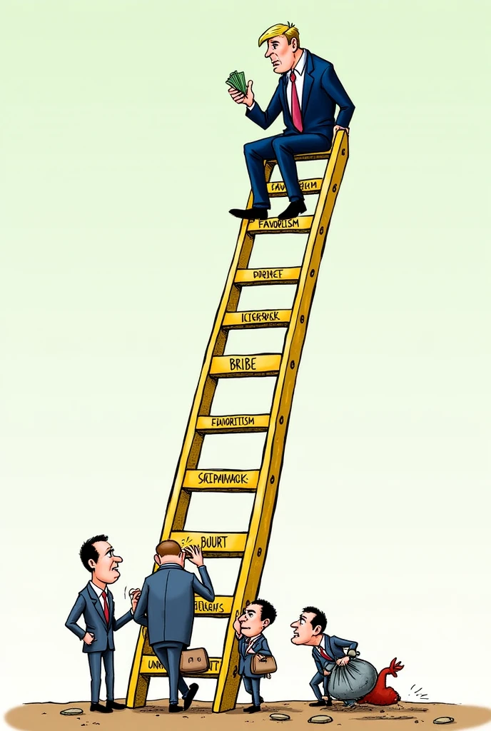 The cartoon shows a tall golden ladder with people climbing it - SeaArt AI