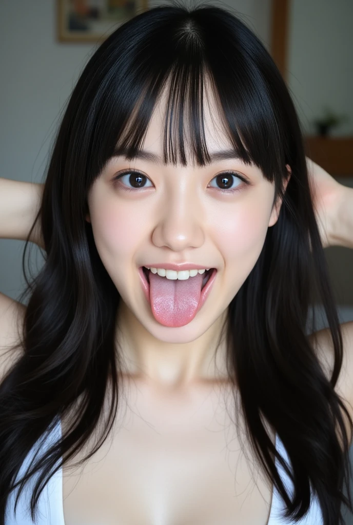 Girls, black hair, Long Hair , open your mouth wide and stick your tongue - SeaArt AI