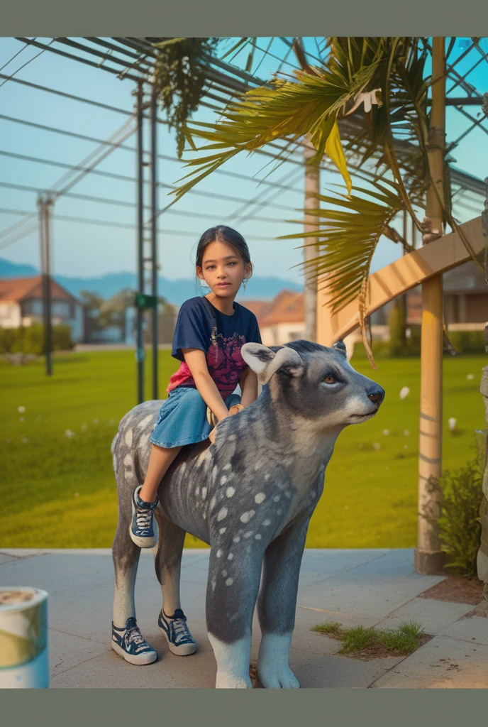 Araffe on a wooden horse in a park with a girl - SeaArt AI