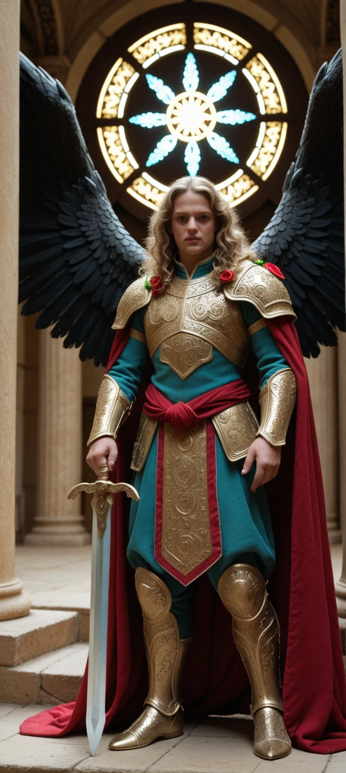 A majestic archangel clad in golden, intricately engraved armor with a ...