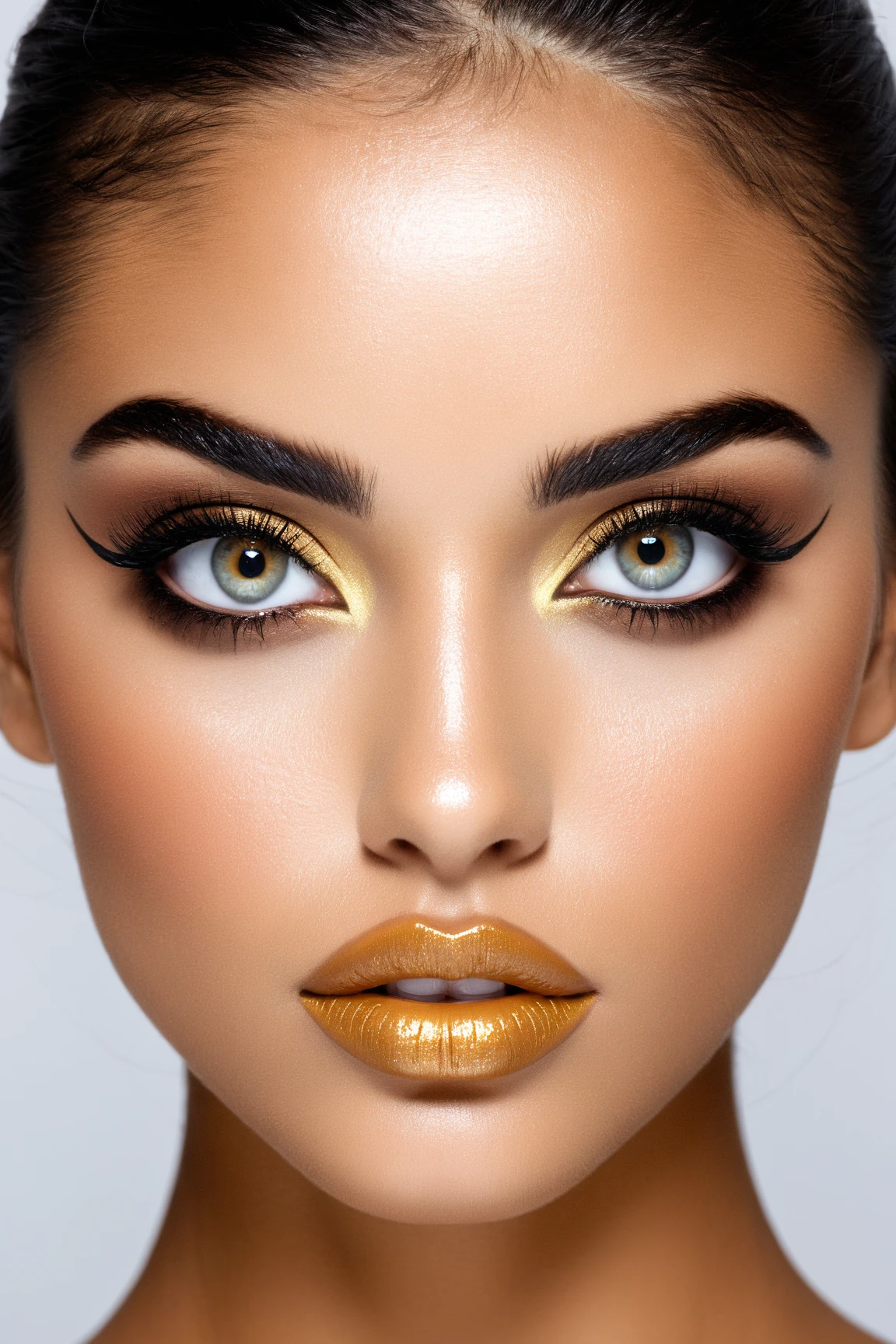 "Create an image of a female model with extremely pronounced strabismus ...