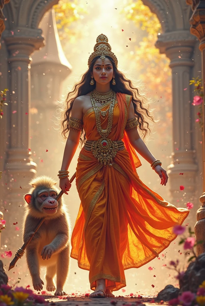 A majestic scene of Hanuman, the monkey god, gracefully walking behind ...