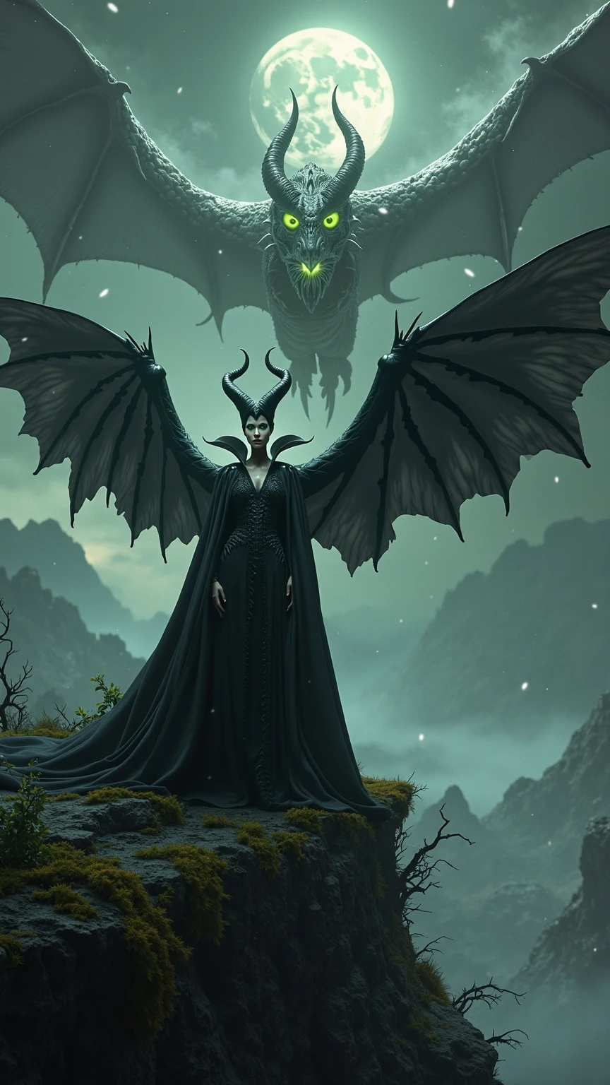 A hyper-realistic, ultra-detailed full-body shot of Maleficent standing ...