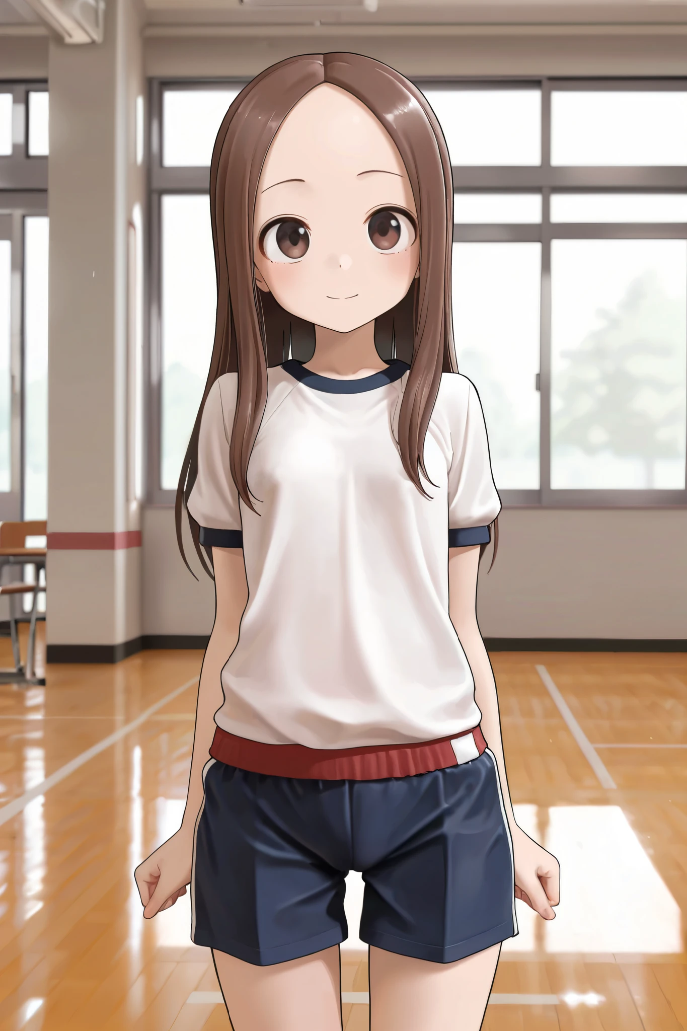 Anime girl in a white shirt and blue shorts standing in a gym - SeaArt AI