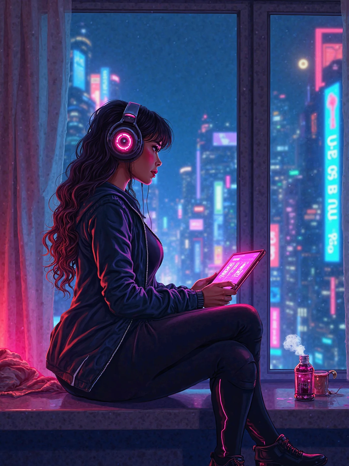 "A futuristic, neon-lit high-rise apartment in a cyberpunk city at ...