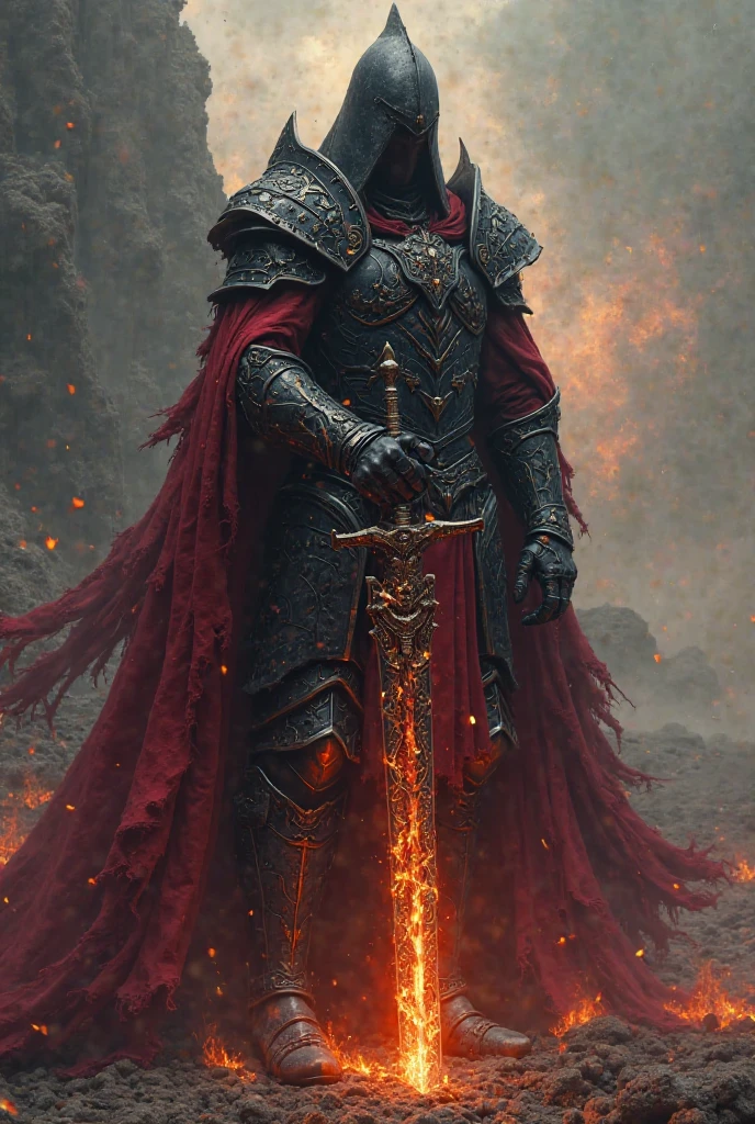 A mythical knight with black and red colors wielding a flaming sword ...