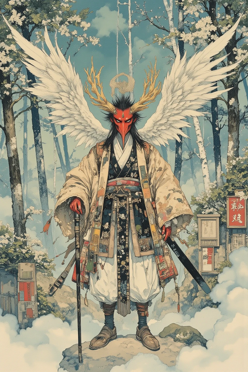 Tengu standing in Iwaza,red face,Long Nose,expression representing ...