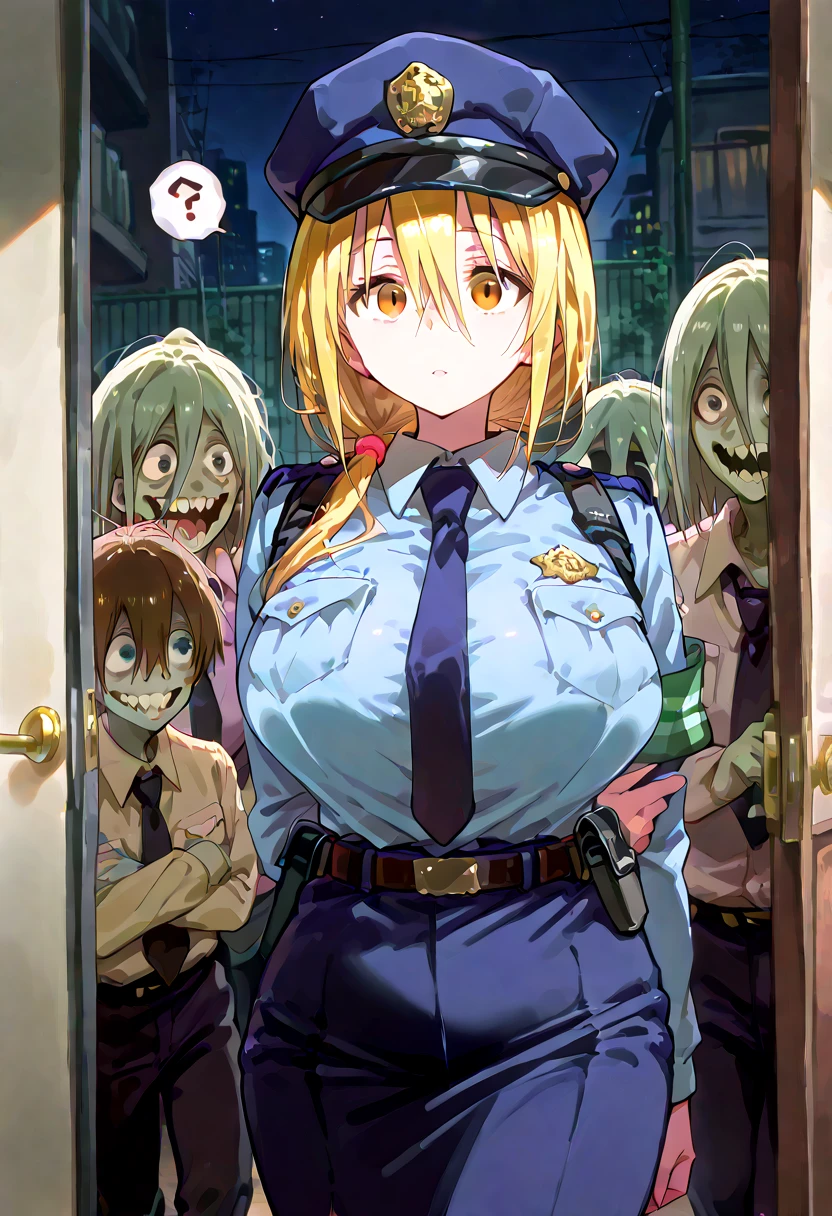 ((One female police officer))), Big breasts, Monster trying to take off your pan - SeaArt AI
