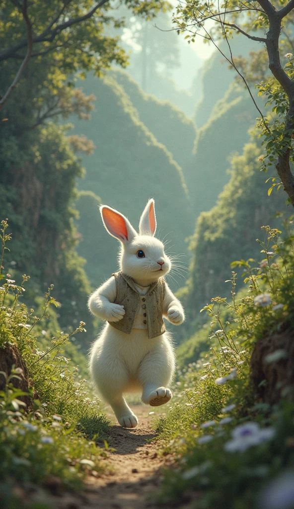 Saw a white rabbit running by. The ran after the rabbit, and the rabbit ...