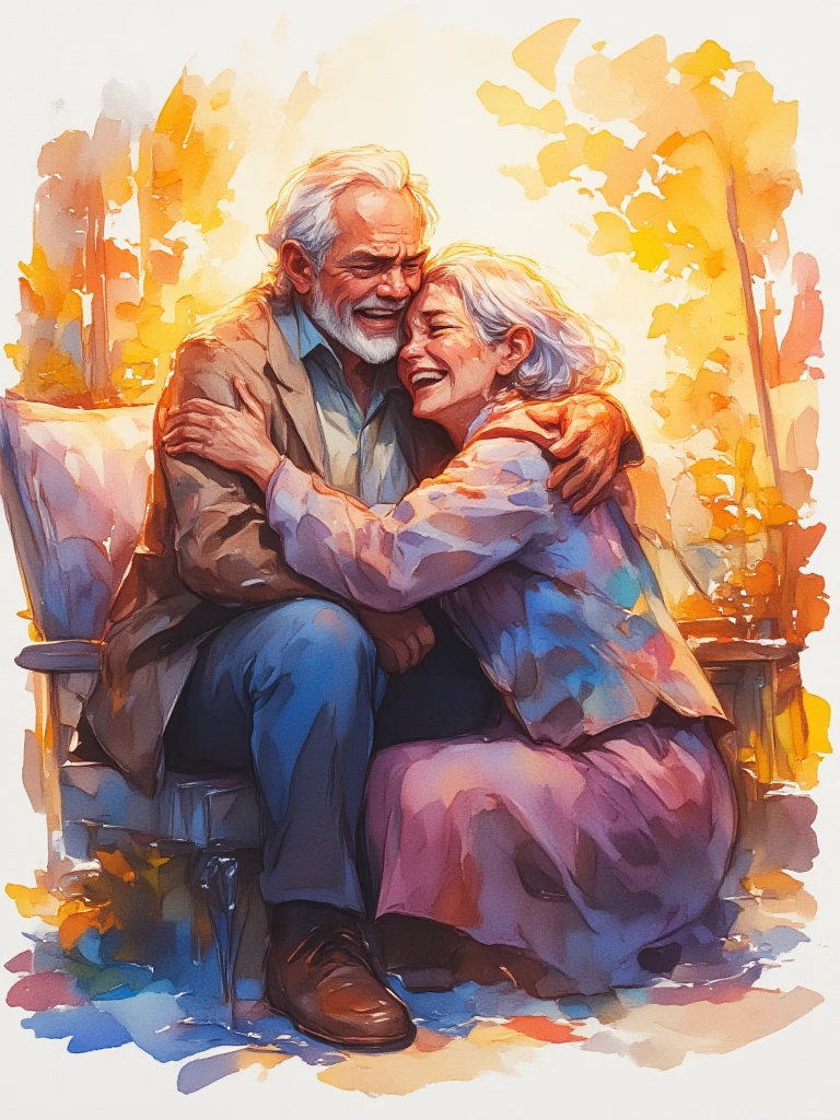 Watercolor painting of a kneeling man crying in the embrace of a very ...