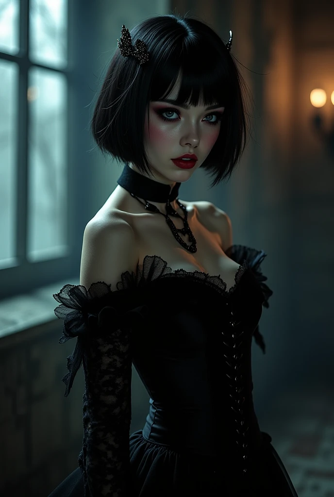 Famale, 23, onyx Eyes, short black hair, 162 cm tall, gothic - SeaArt AI