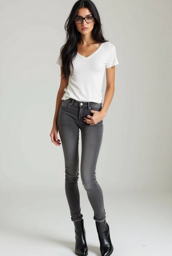 Generate me 25 years old 174cm tall black hair white top and gray jeans ...