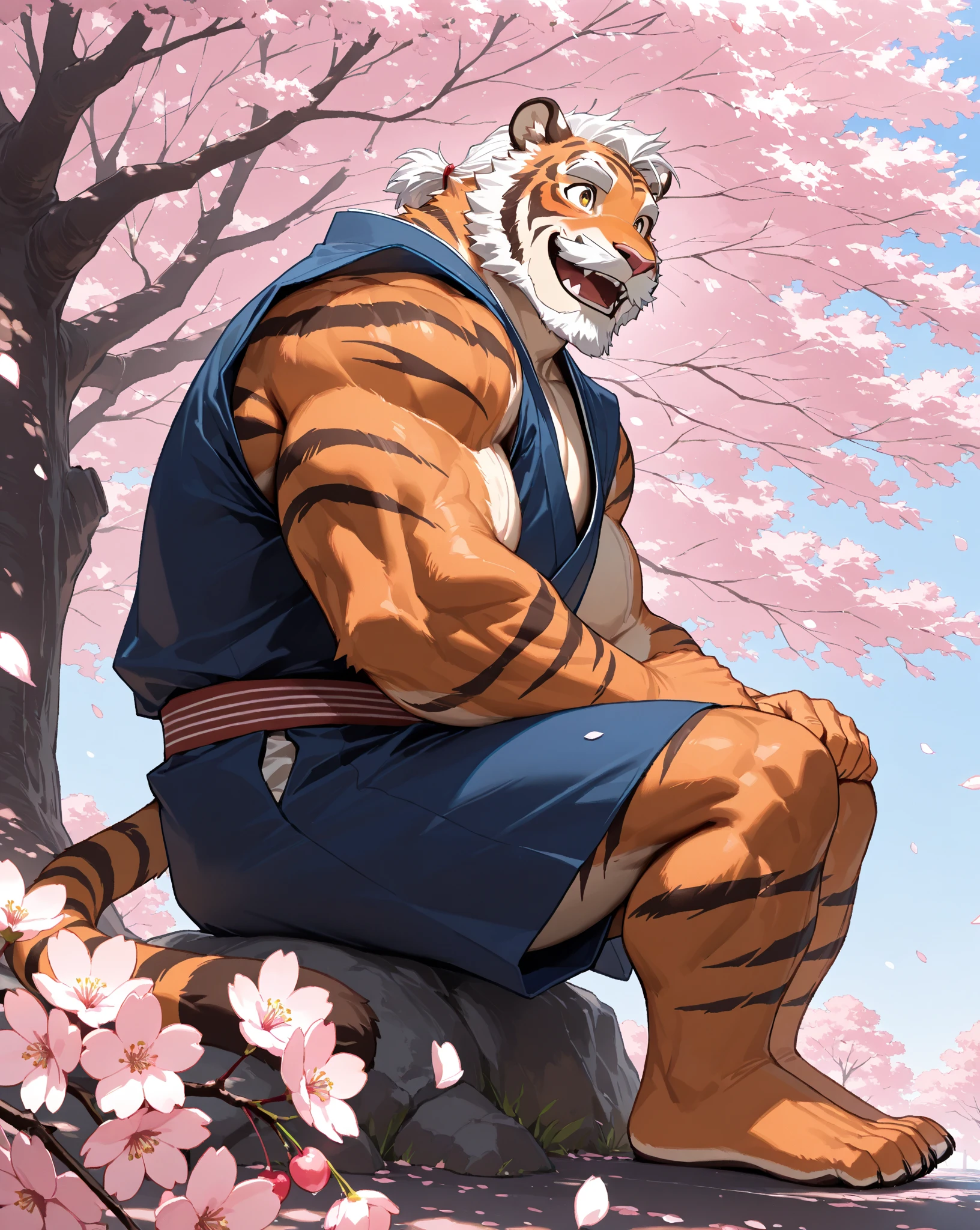 Solo, old man, grandpa, muscular man wearing jinbei, sitting in ground ...