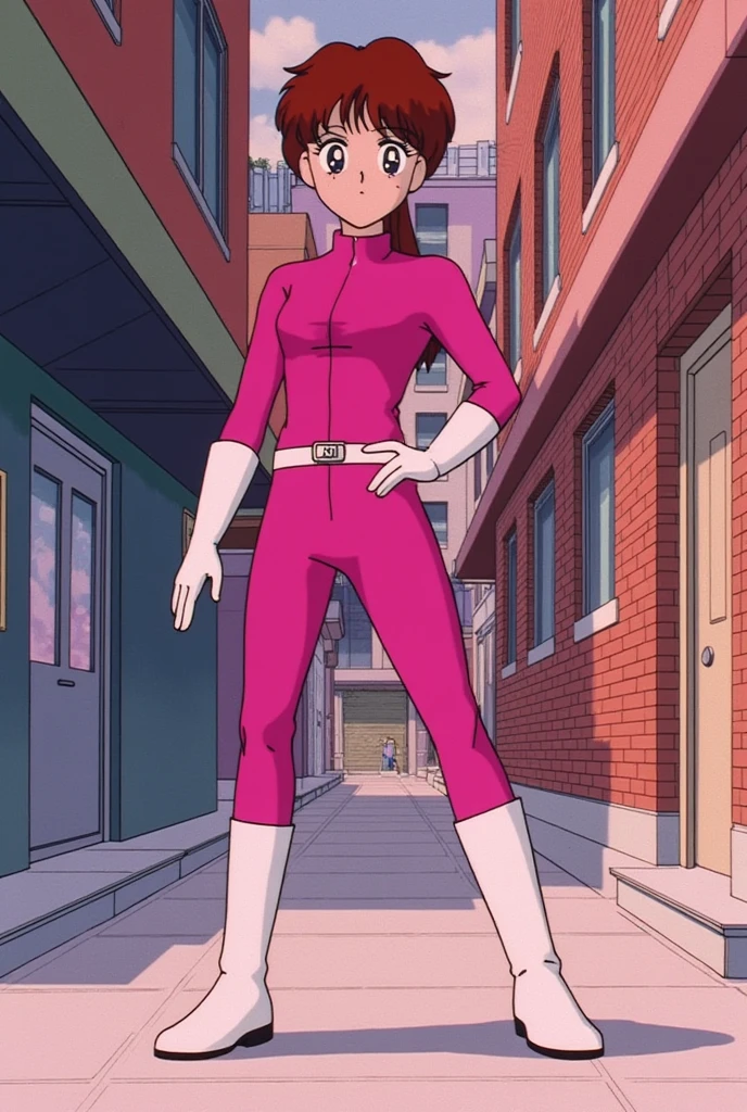 (Cute anime style) handsome young man, tight pink leather jumpsuit ...