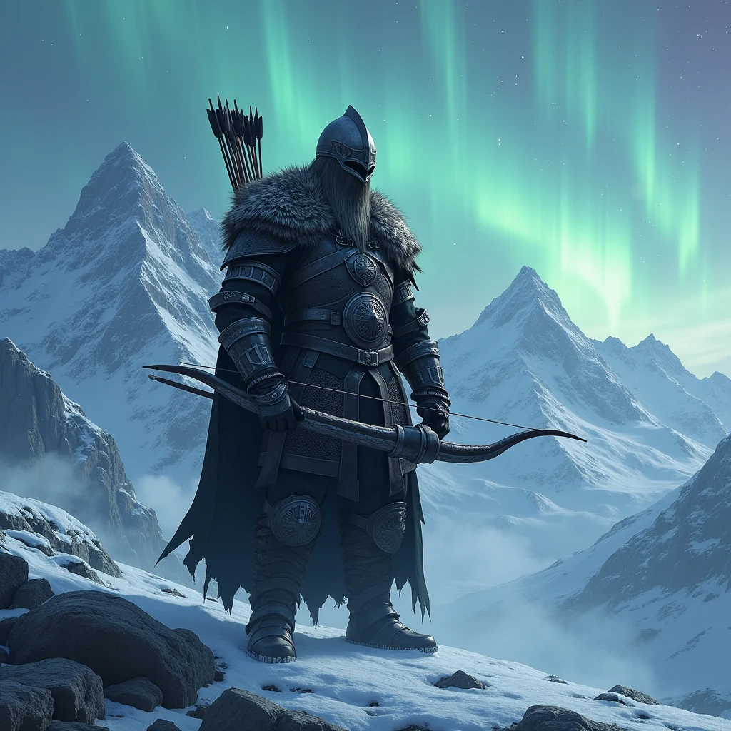 A Viking in black armor and a helmet with a covered face with a bow in ...