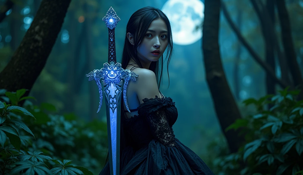 夜の美しい森で、beautiful light blue sword with beautiful light blue details ...