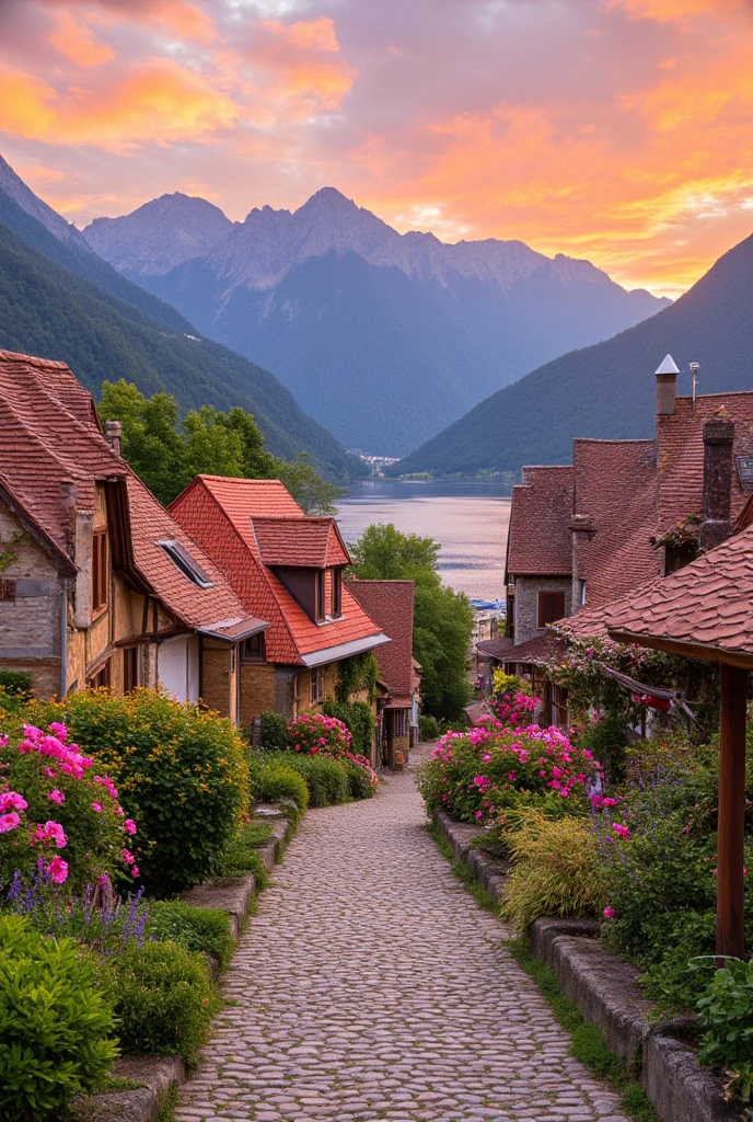 A small village by the river, mountains in the background, colorful ...