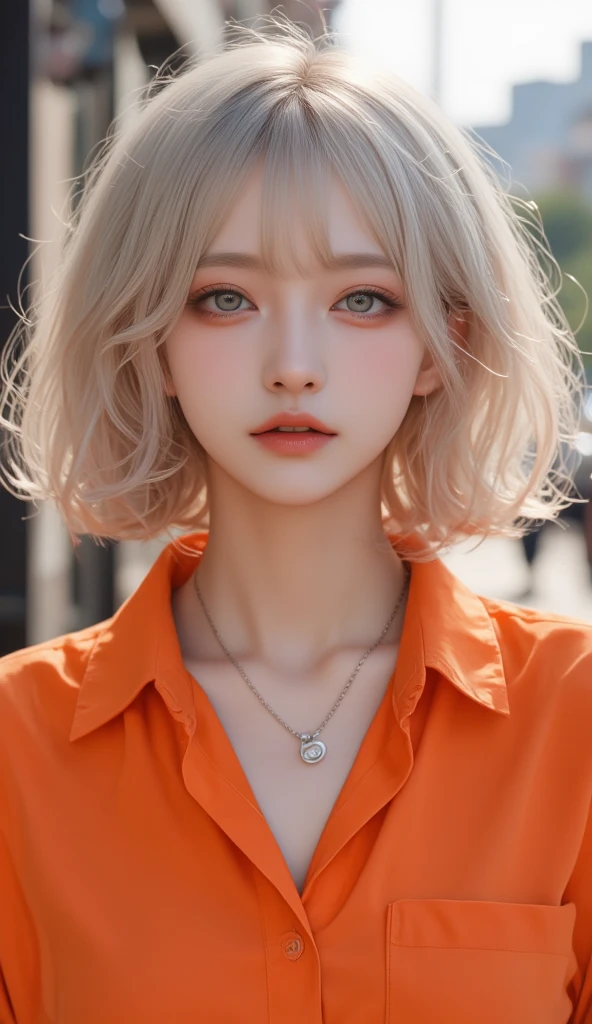 Curly Bob Cut, platinum-haired woman wearing an orange collared shirt ...