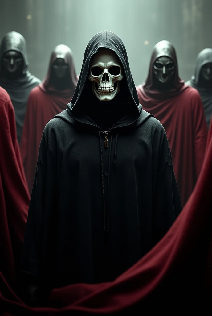 Black hooded man with white half skeleton mask infront of red hooded ...