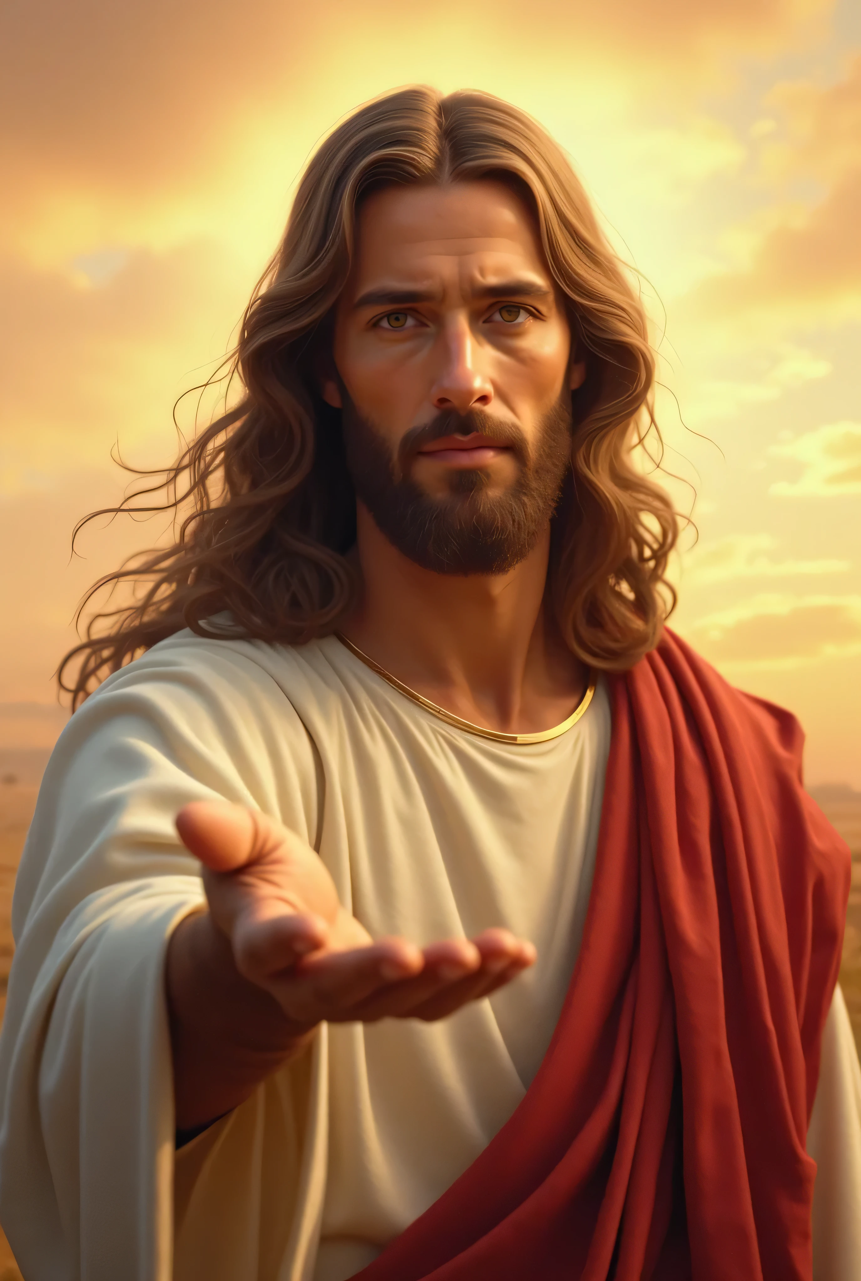 Jesus is holding his hands out in front of a sunset - SeaArt AI