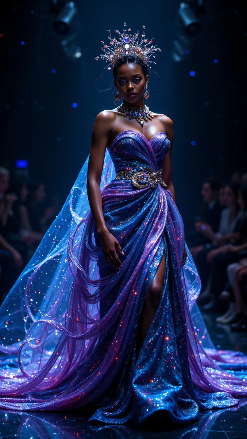 An ethereal, avant-garde evening gown embodying the essence of cosmic ...
