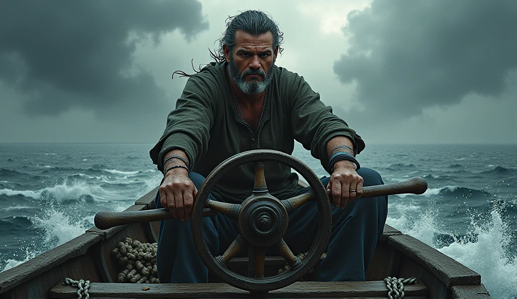 “A person at the helm of an ancient boat, navigating turbulent - SeaArt AI