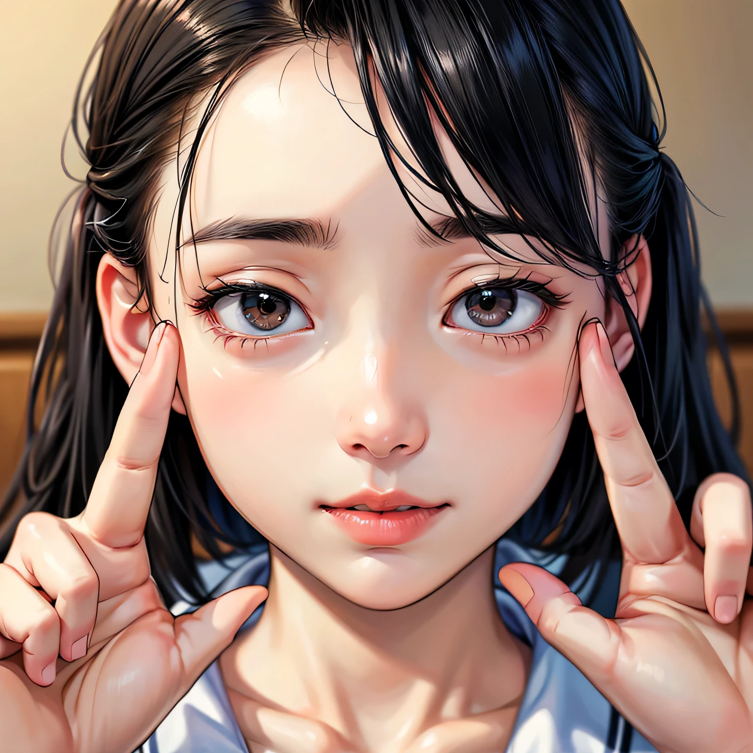 Anime girl with black hair and blue shirt holding her hands up to her ...