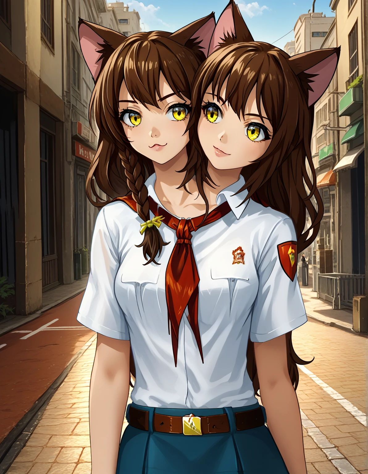 Score_9, score_8_up, source_anime, 1girl, three heads, conjoined ...