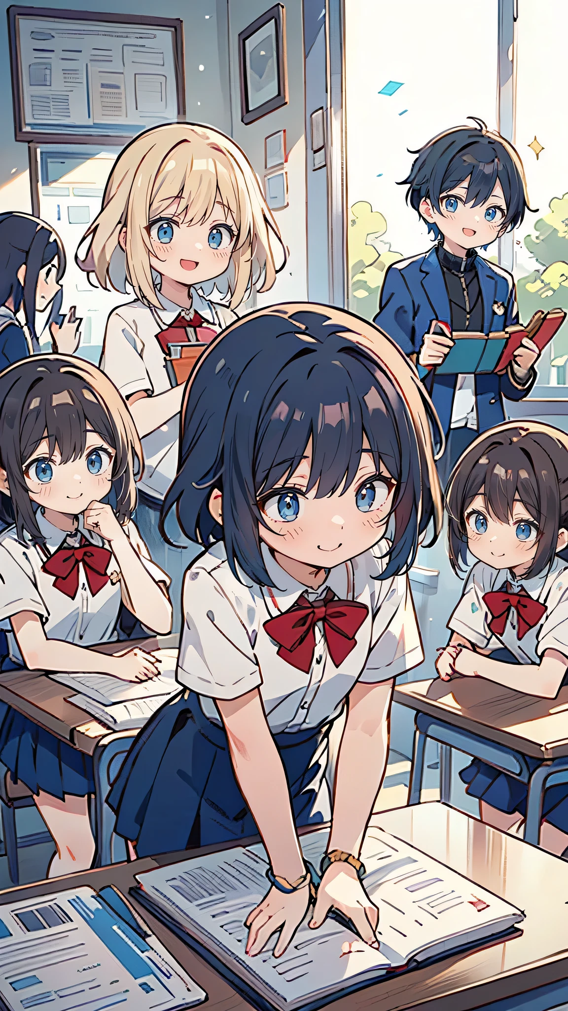 Anime image of a group of girls in school uniforms in a classroom ...