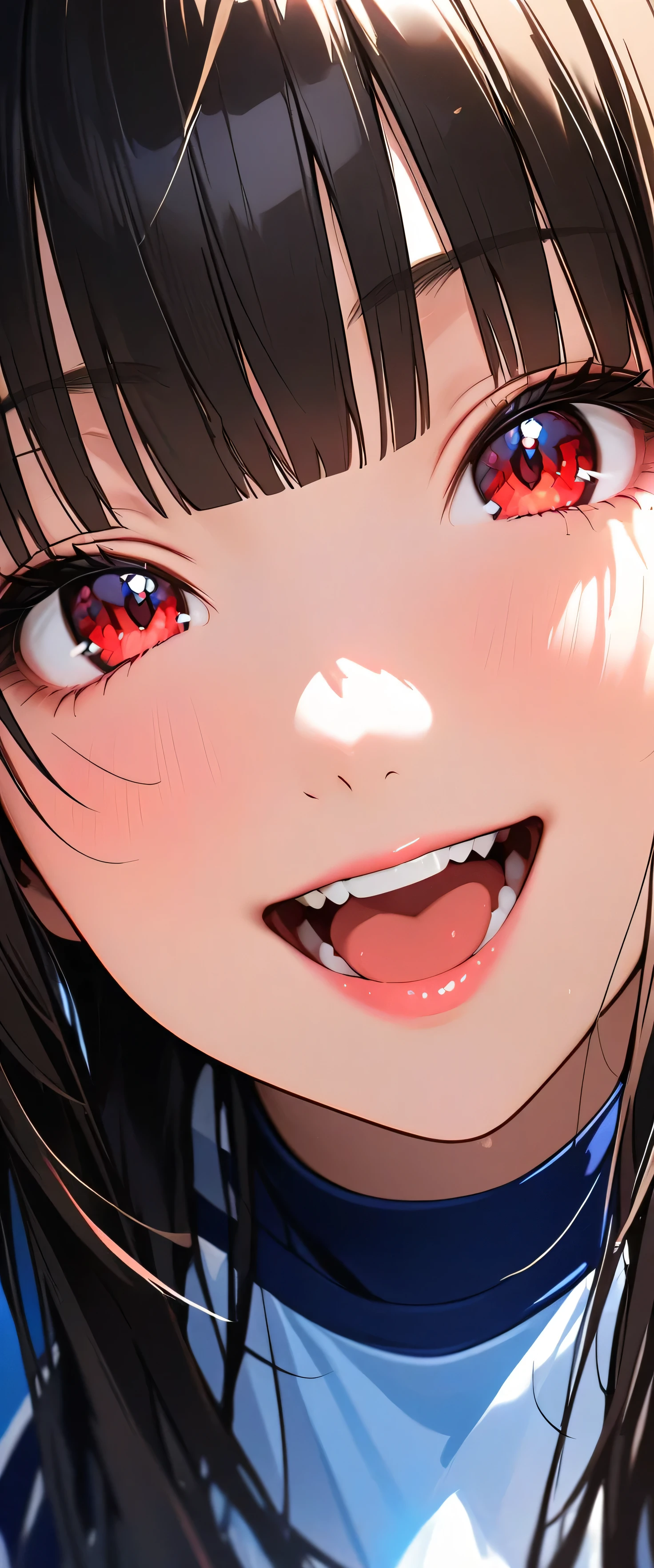 Anime girl with red eyes and black hair smiling - SeaArt AI